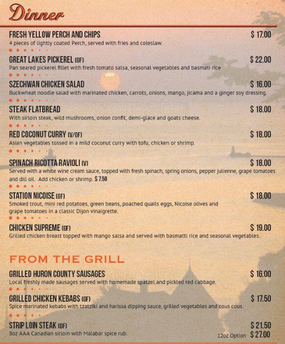 Menu at Beach Street Station restaurant, Goderich