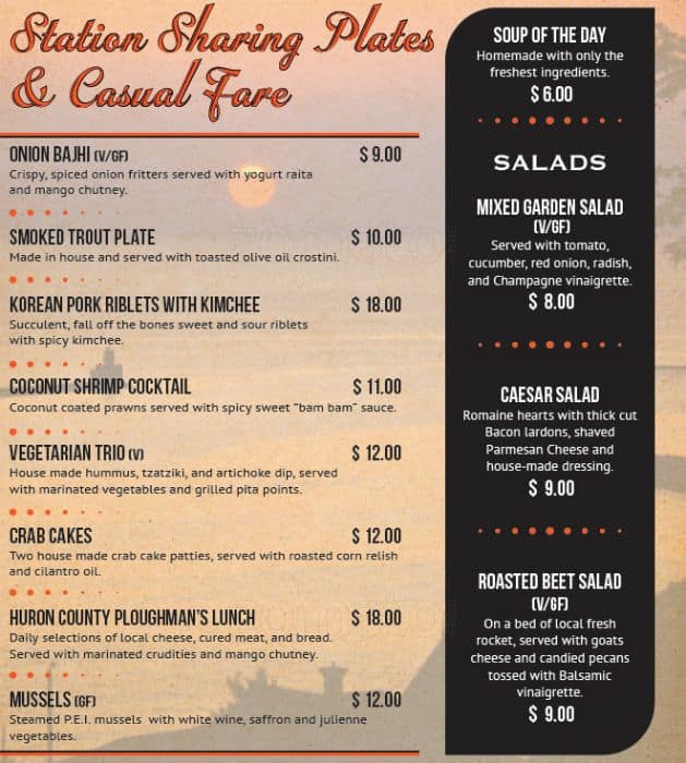 Menu at Beach Street Station restaurant, Goderich