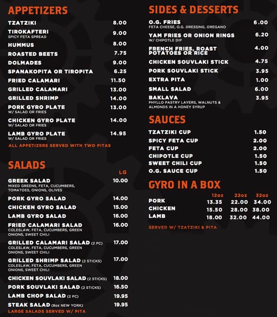 Menu at Greek gyro restaurant, Toronto