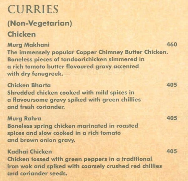 Menu at Copper Chimney, Mumbai, 101