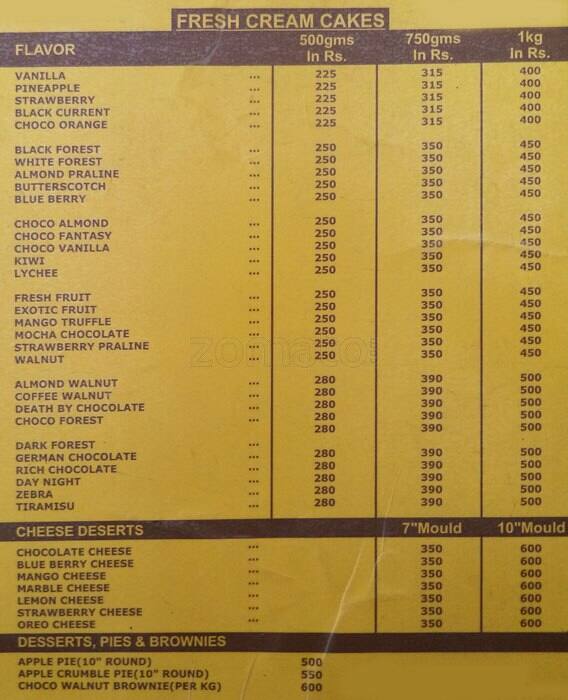 Menu at Sweet Palate, Bengaluru