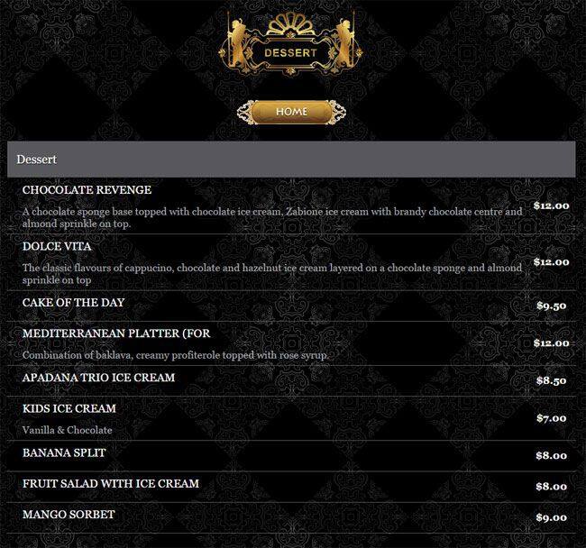 Menu at Apadana, Balmoral restaurant, Auckland