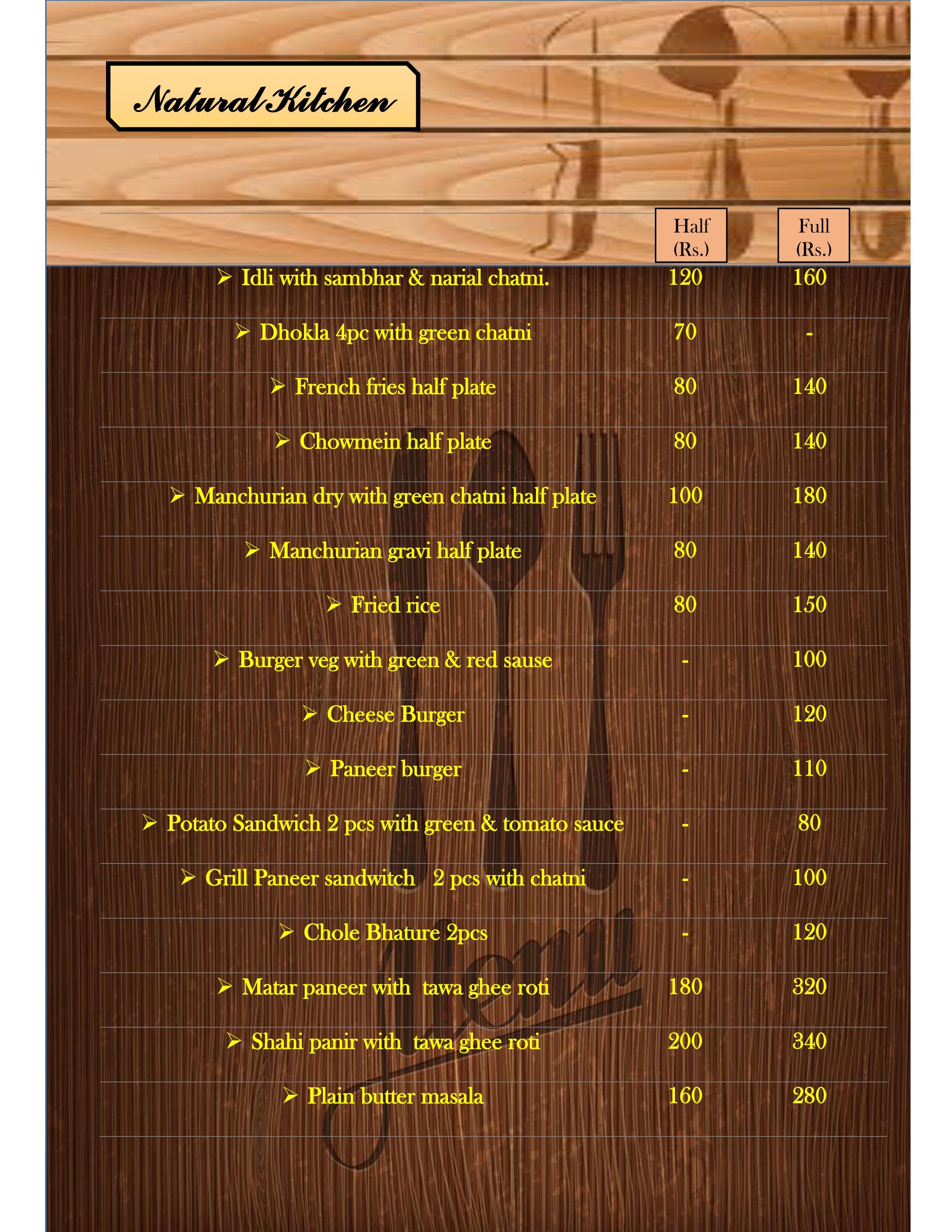 Menu of Natural Kitchen, Gomti Nagar, Lucknow