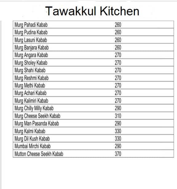 Menu of Tawakkul Kitchen, Dange Chowk, Pune