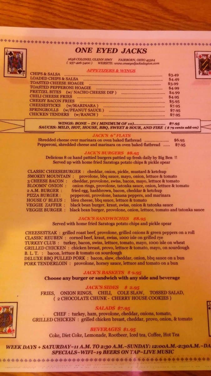 One Eyed Jacks Menu, Menu for One Eyed Jacks, Fairborn, Dayton ...