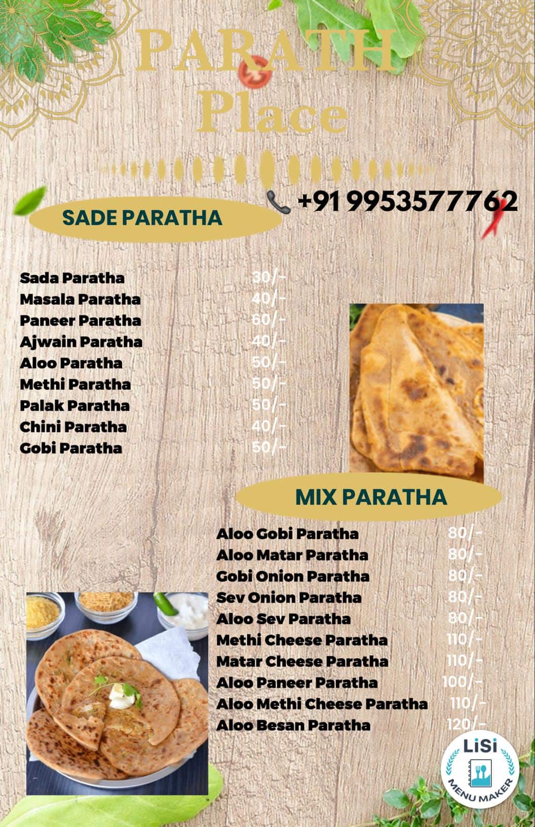 Menu of Paratha place , Connaught Place, New Delhi