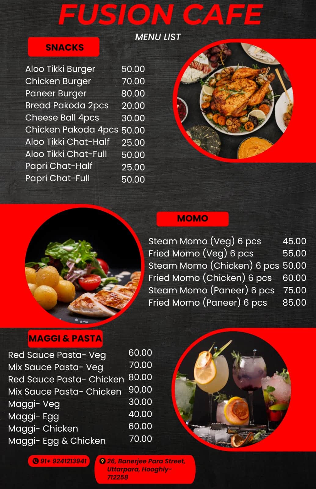 Menu of Fusion Cafe, Uttarpara, Kolkata