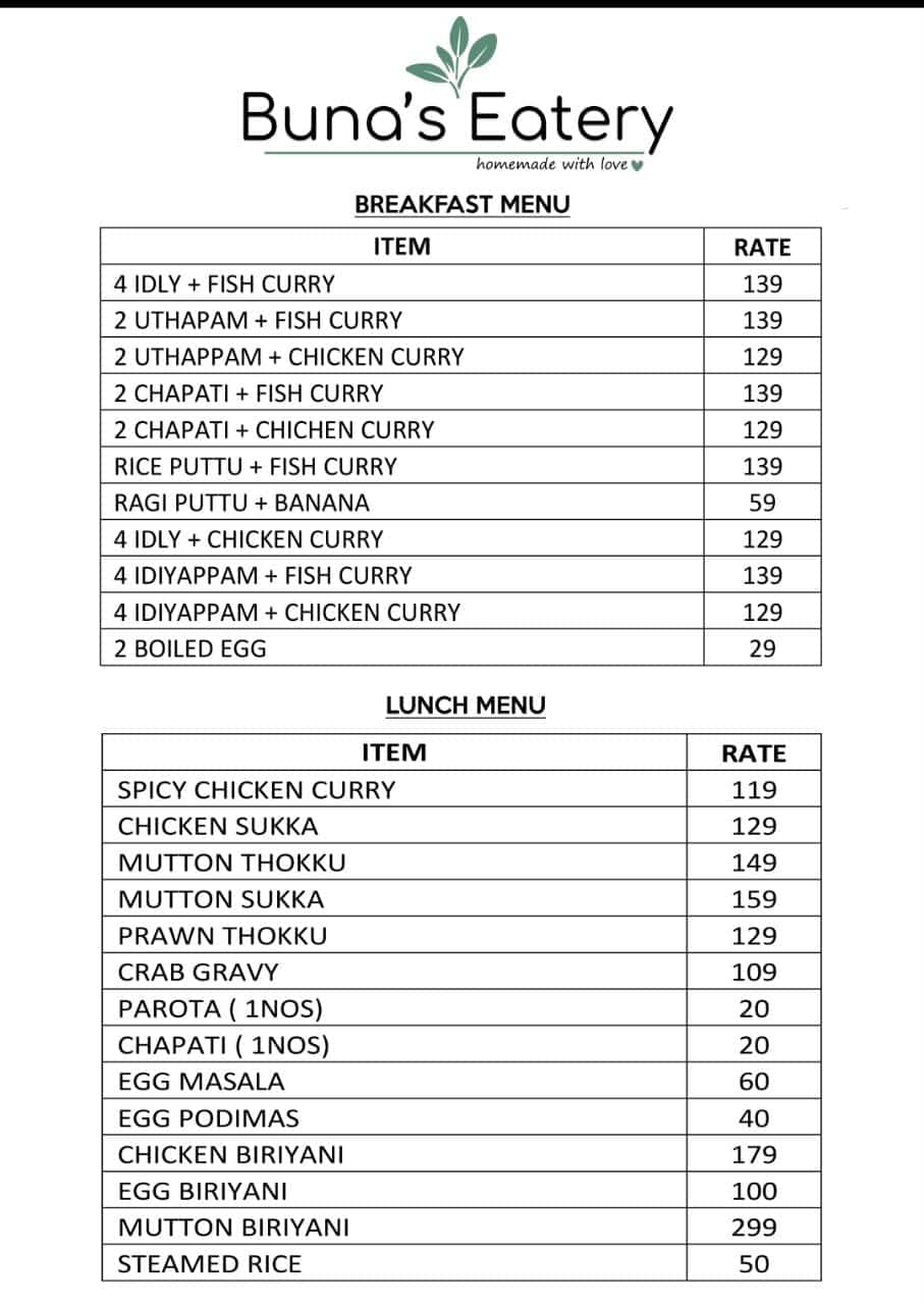 Menu of Buna's Eatery, Thuraipakkam, Chennai