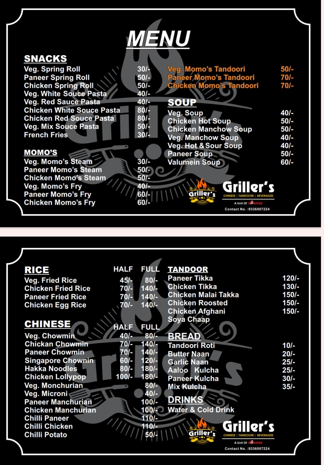Menu of Griller's, Khadra, Lucknow