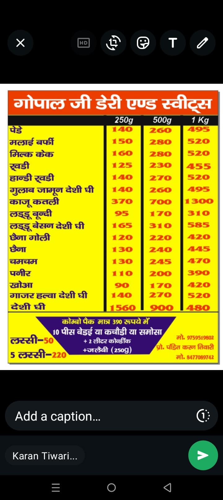 Menu of Gopal Ji Dairy And Sweets, Tajganj, Agra