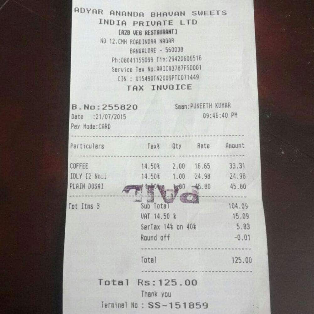 Mohan's review for A2B - Adyar Ananda Bhavan, Indiranagar, Bangalore on ...